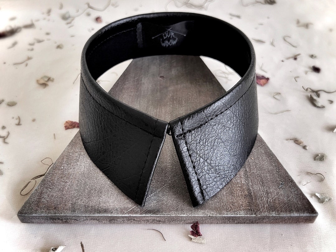 Wide Black Faux Leather Shirt Collar Necklace - Unisex Detached Black ...