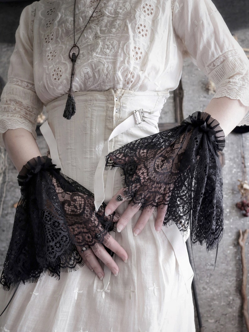 Sashay Lace Wrist Cuffs - Black Ruffle Lace Gothic Victorian Mourning ...