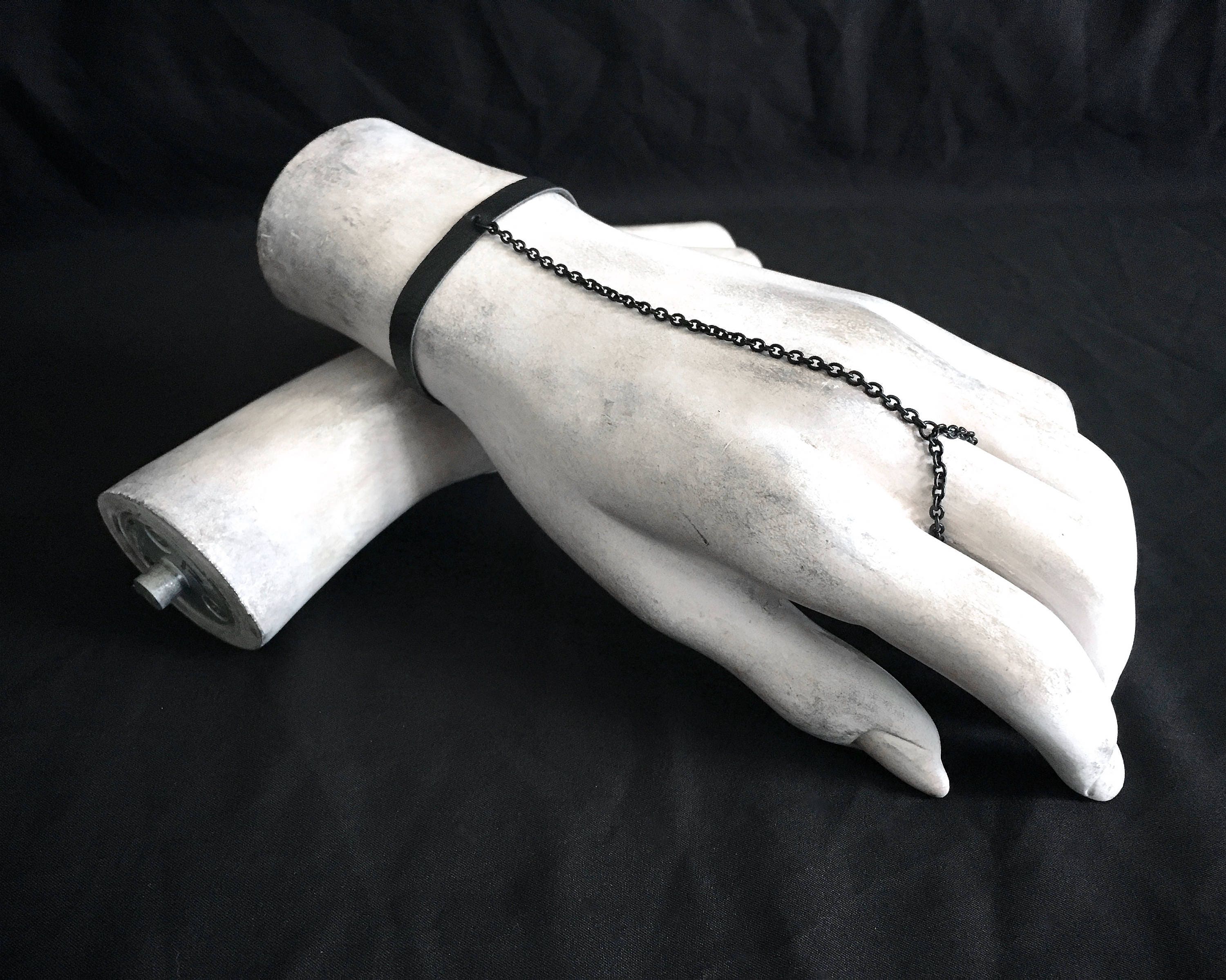 Black Vegan Leather Cuff With Chain Finger Ring Unisex Chain - Etsy