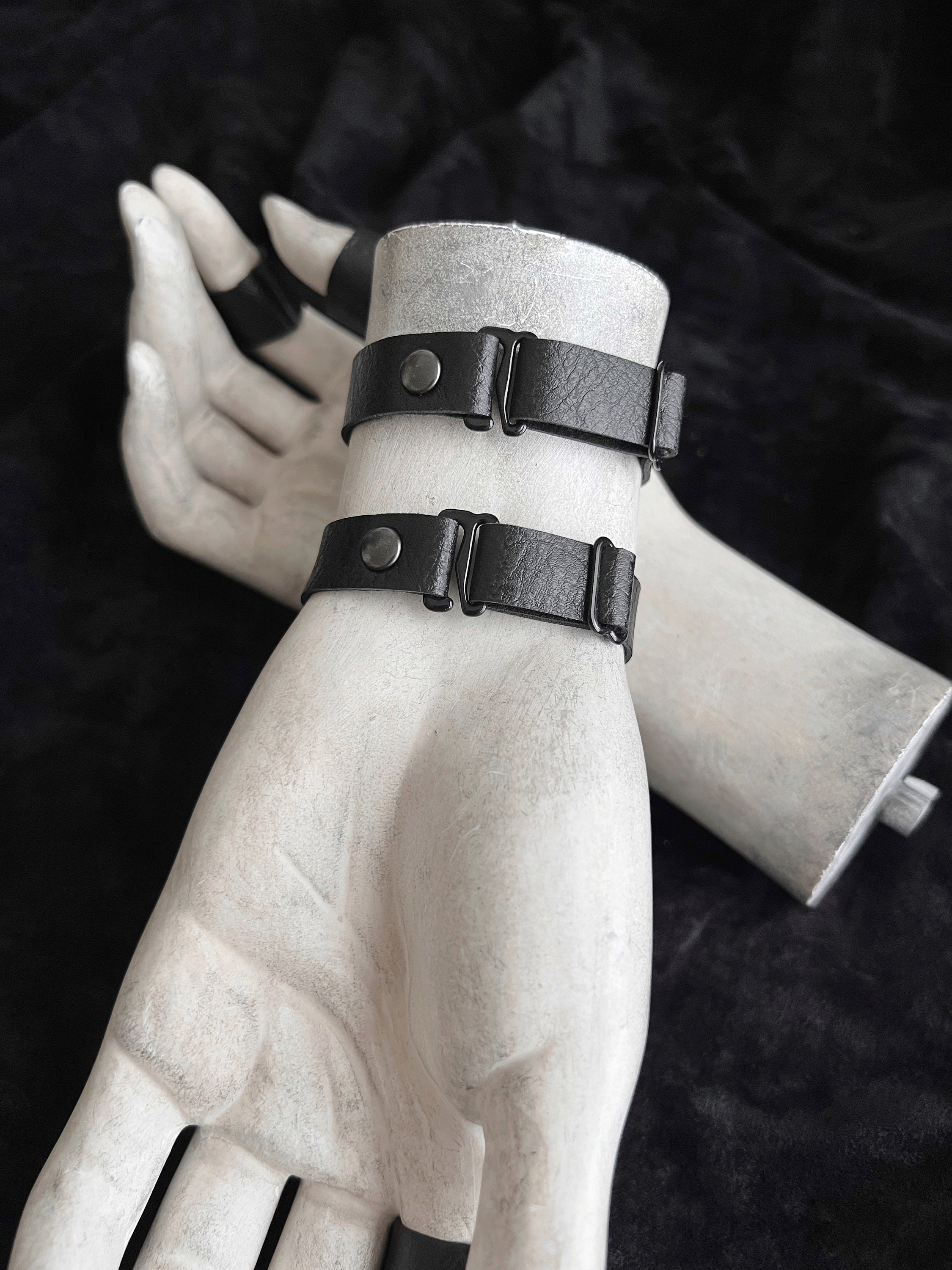 1/2" Wide Two Strap Black Vegan Leather Cuffs With Gunmetal O-rings ...