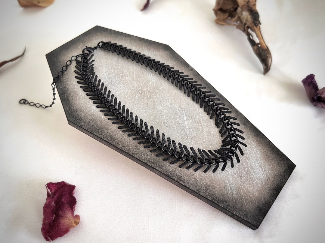 Blackened Vertebrae Matte Black Fishbone Chain Necklace Modernist ...