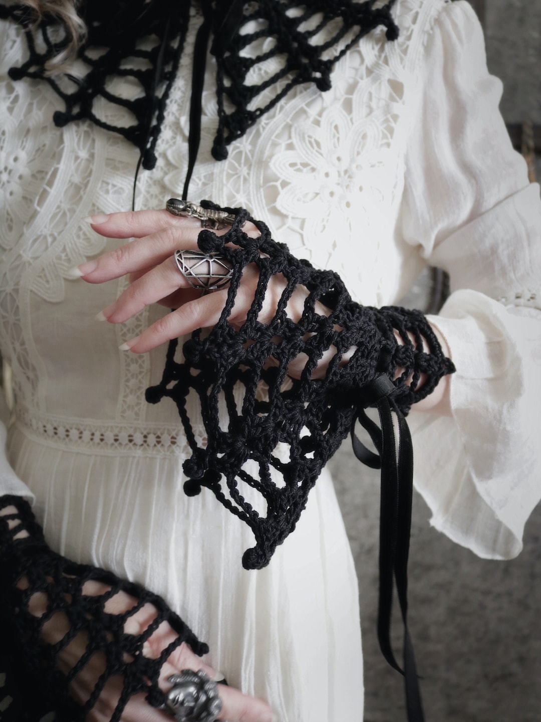 Requiem Crochet Wrist Cuffs - Black Spiderweb Lace Gothic Victorian ...