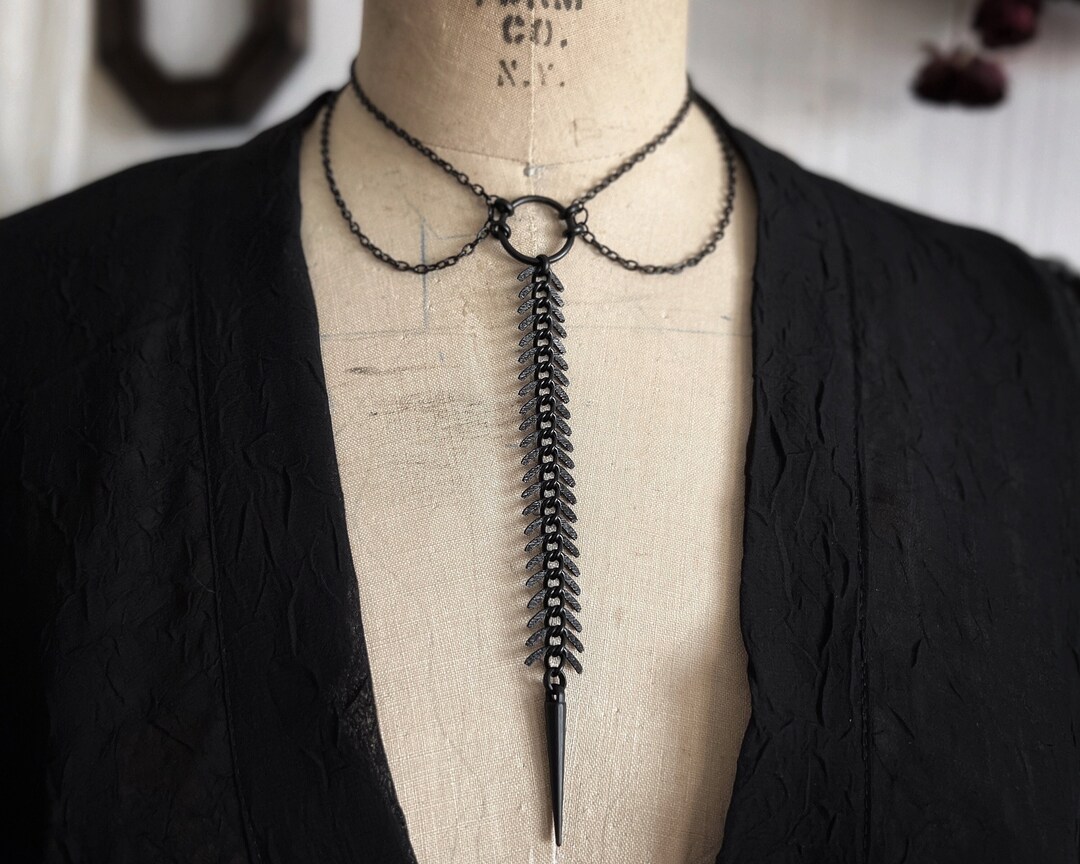 Blackened Vertebrae - Long Spike and Spine Black Matte Lariat Chain ...