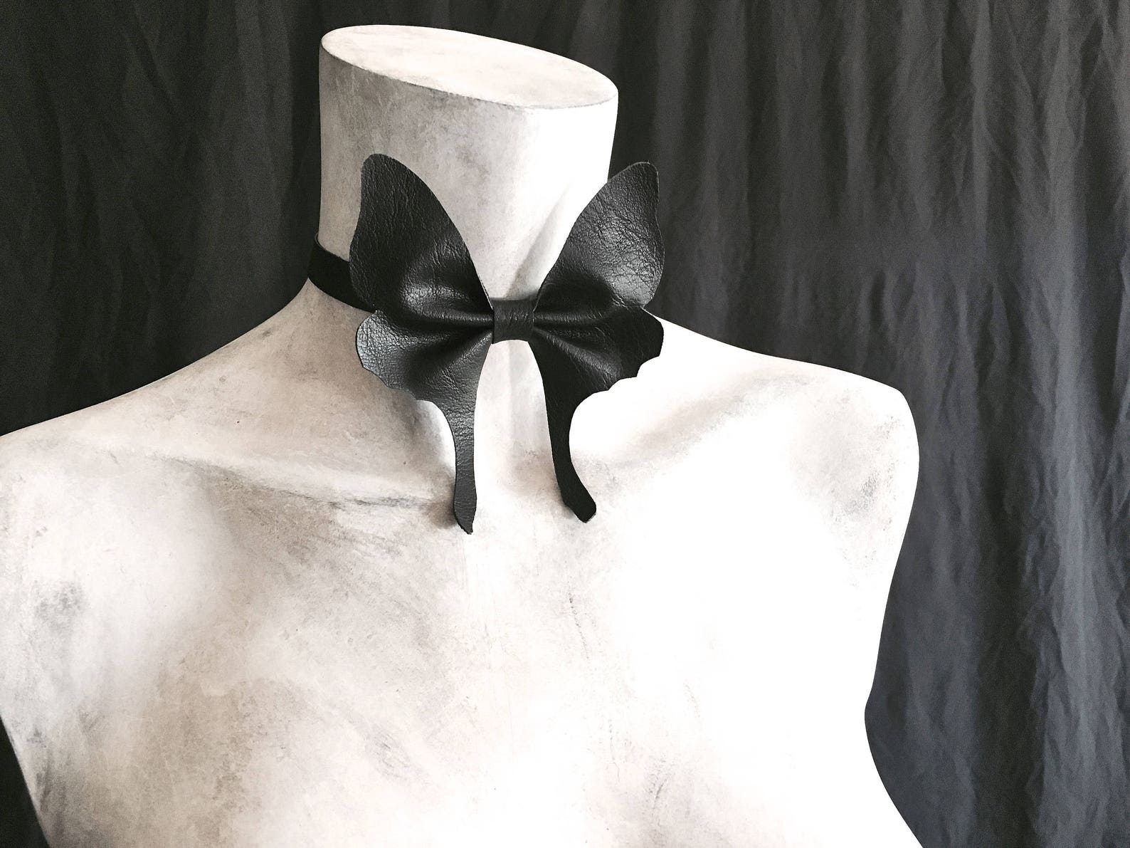 Grand Luna Moth Choker Collar - Goth Faux Vegan Leather Black Bowtie ...