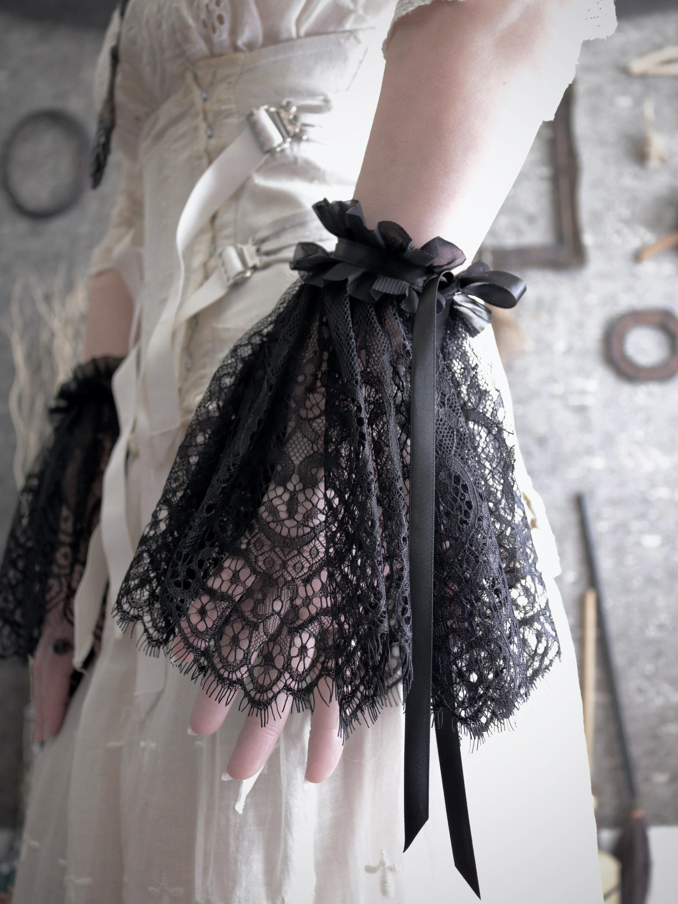Sashay Lace Wrist Cuffs - Black Ruffle Lace Gothic Victorian Mourning ...