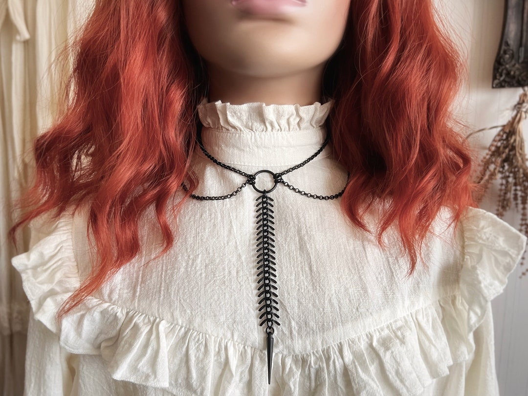 Blackened Vertebrae - Long Spike and Spine Black Matte Lariat Chain ...