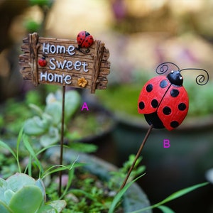 Miniature Small Red Ladybug and Ladybug Signpost Figure Fairy Garden ...