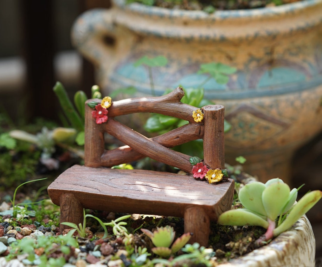 Miniature Small Bench With Little Flowrs Figurines Fairy Garden ...