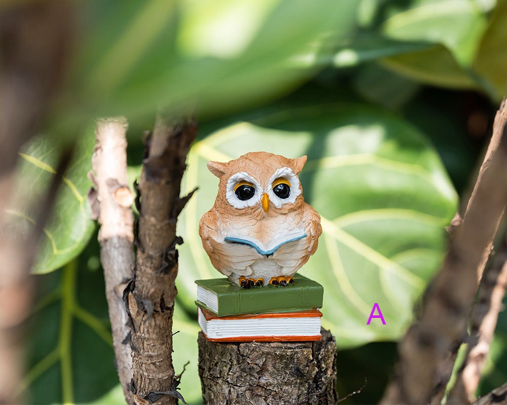 Fairy Miniature Small Owl Reading the Book on Book , Animal Figurines ...