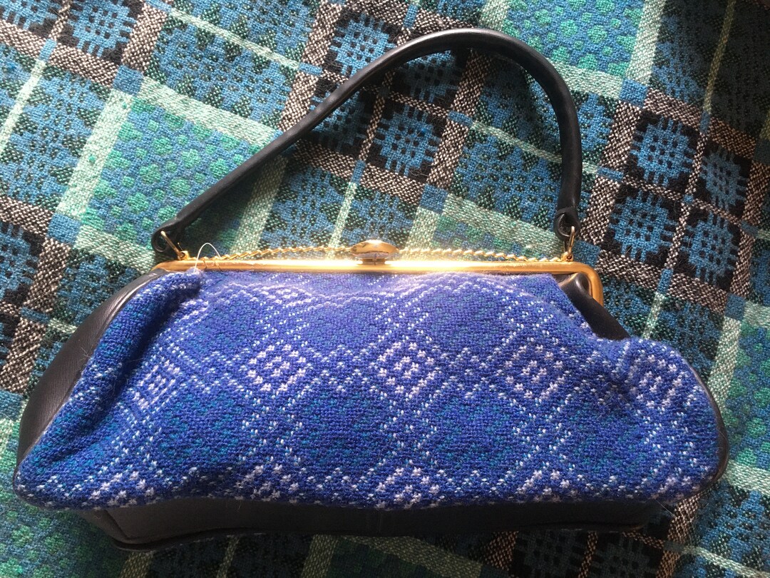 60s Vintage Welsh Wool Tapestry Shoulder Bag Handbag Leather Straps ...