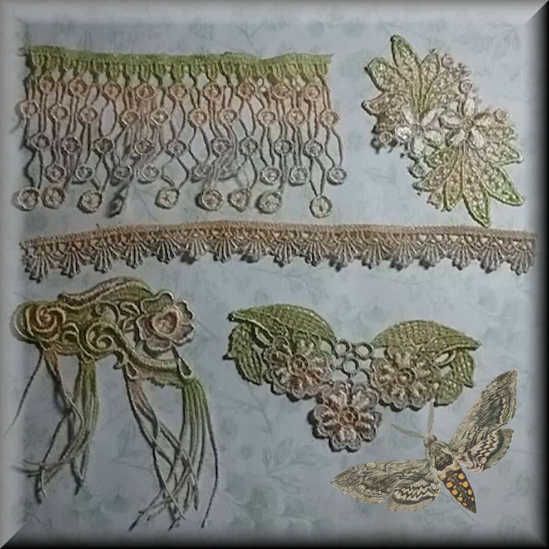 Hand Dyed Lace Selection Appliques Mixed Tan/green Blues Crazy Quilting ...