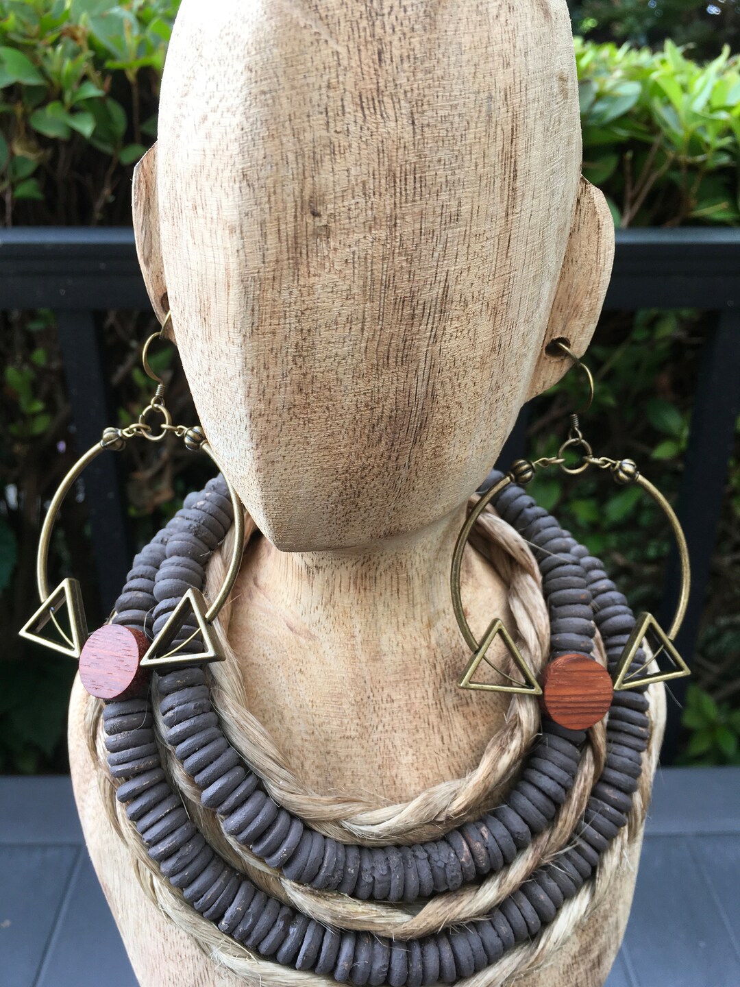 Geometrical Bayong Wood Bead Antiqued Bronze Hoops Trendy Handmade ...