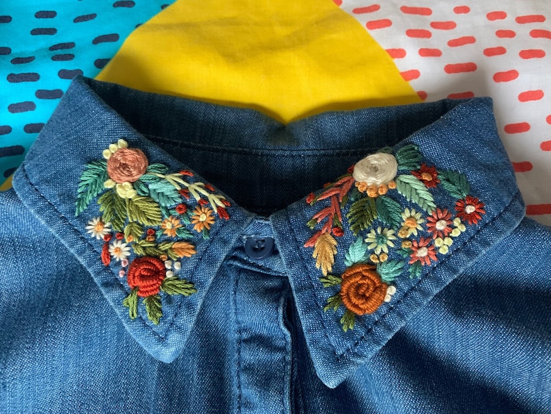 Denim Shirt With Embroidered Collar - Etsy