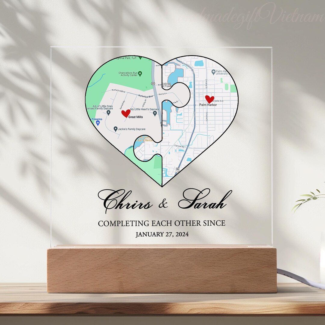 Personalized Heart Map Acrylic Sign, Heart Puzzles Gift, Long Distance ...