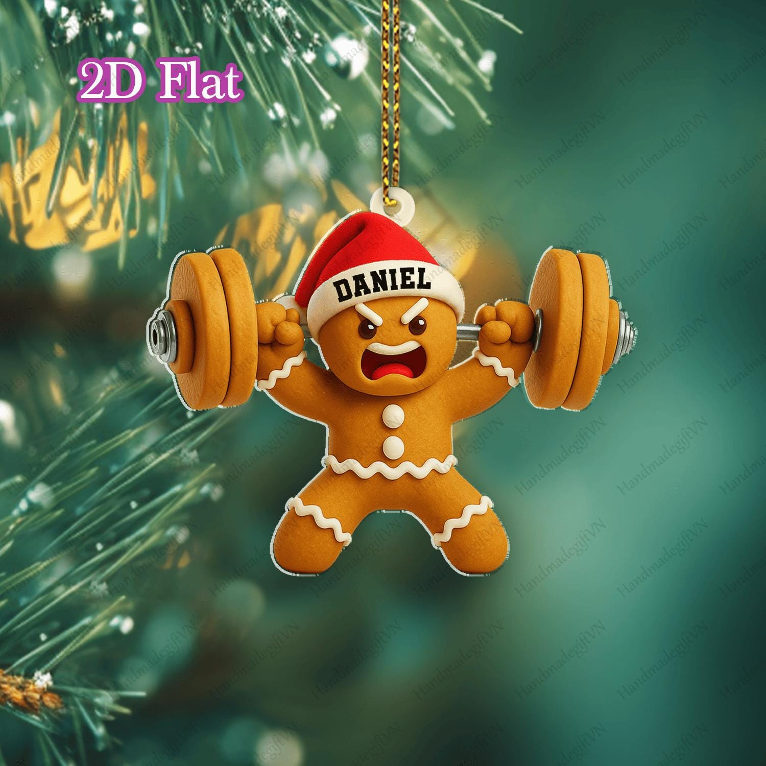 2D Personalized Gingerbread Weightlifting Ornament, Gym Christmas Gift ...