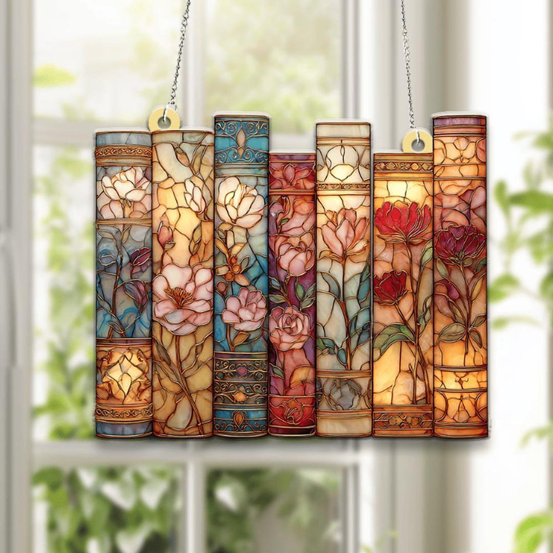 Jane Austen Book Stack Acrylic Suncatcher, Floral Vintage Book Library ...
