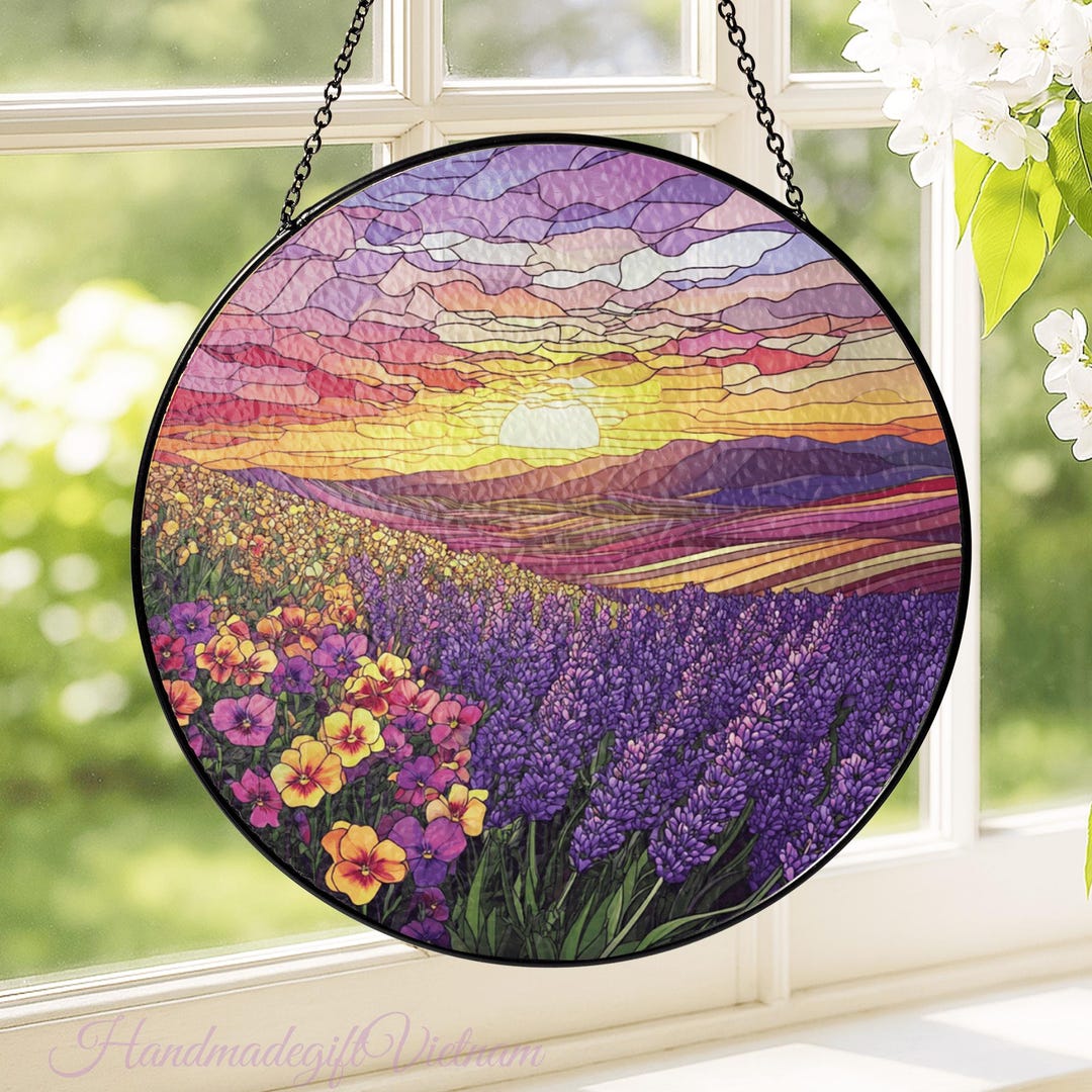 Lavender Flower Glass Window Hanging, Violet Flower Field Sunset ...