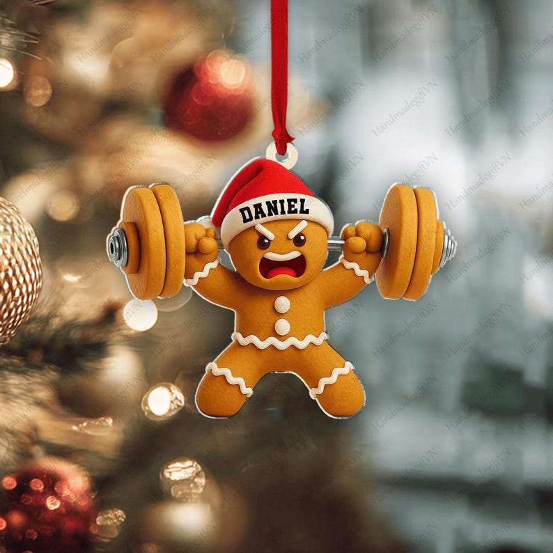 2D Personalized Gingerbread Weightlifting Ornament, Gym Christmas Gift ...