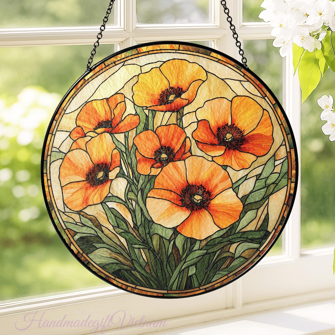 California Poppy Stained Glass Suncatcher, Orange Poppy Hanging Decor ...