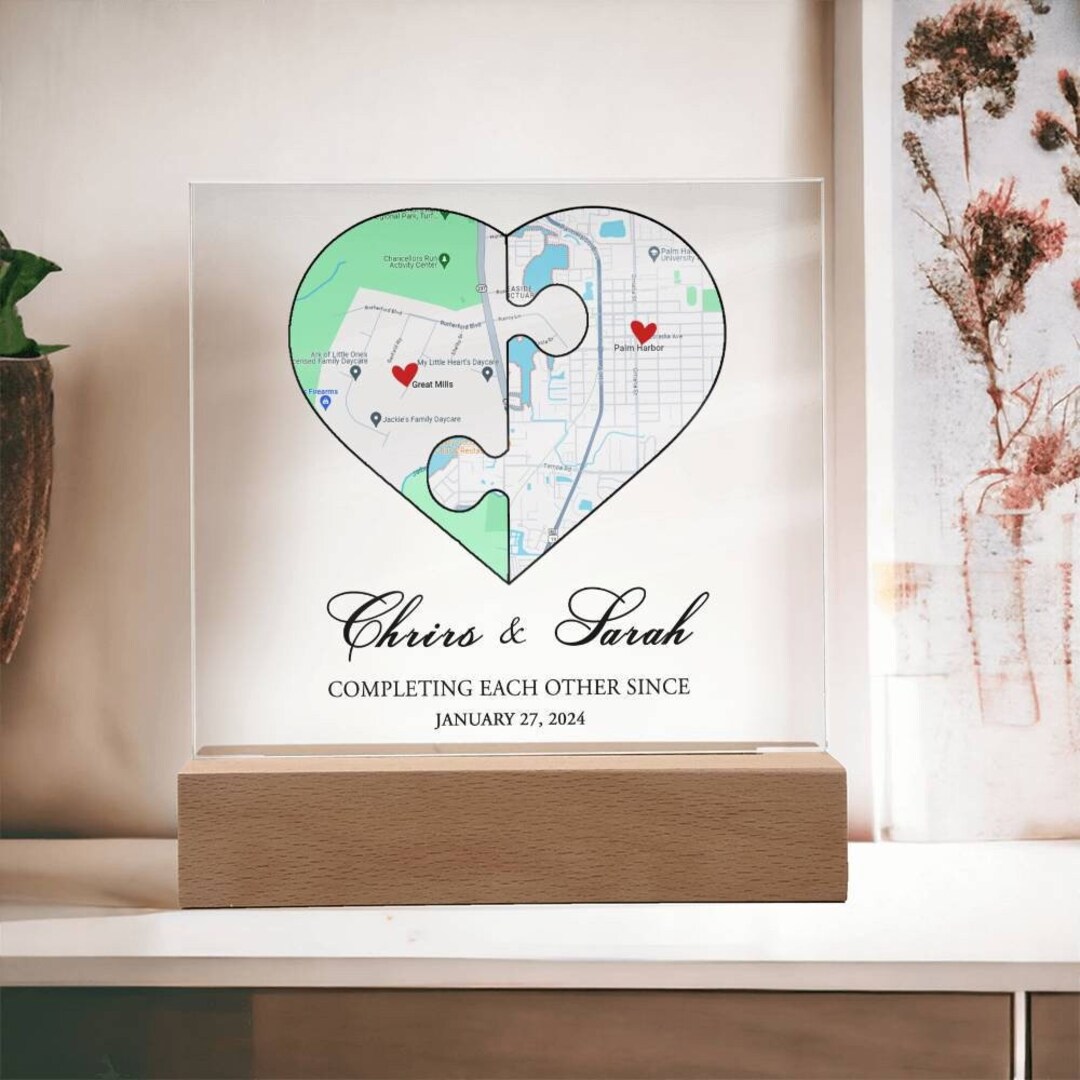 Personalized Heart Map Acrylic Sign, Heart Puzzles Gift, Long Distance ...