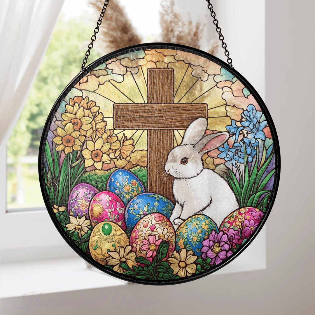 Easter Bunny Stained Glass Suncatcher, Easter Eggs and Cross Gift ...