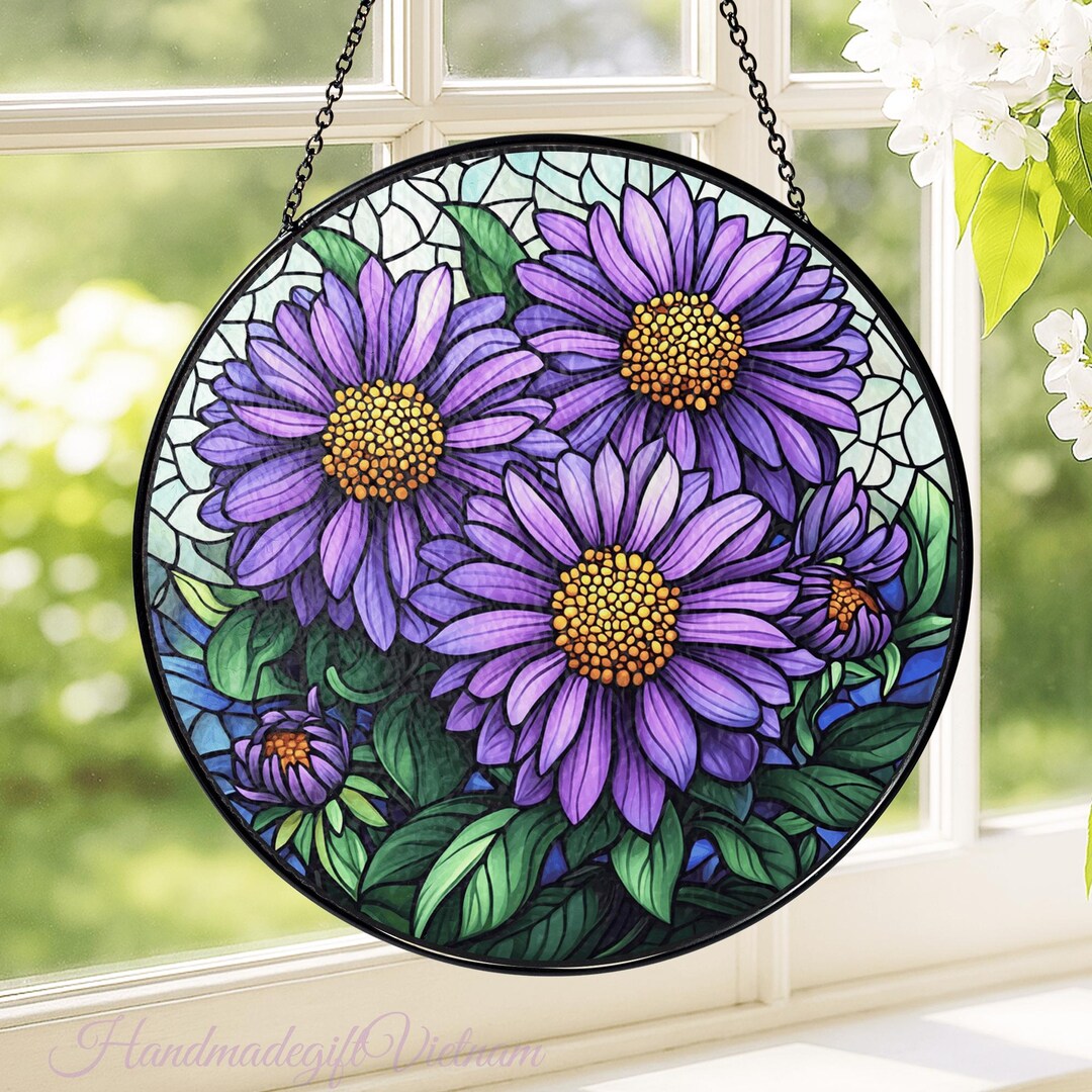 Purple Aster Flower Stained Glass Suncatcher, Window Hanging, Aster ...