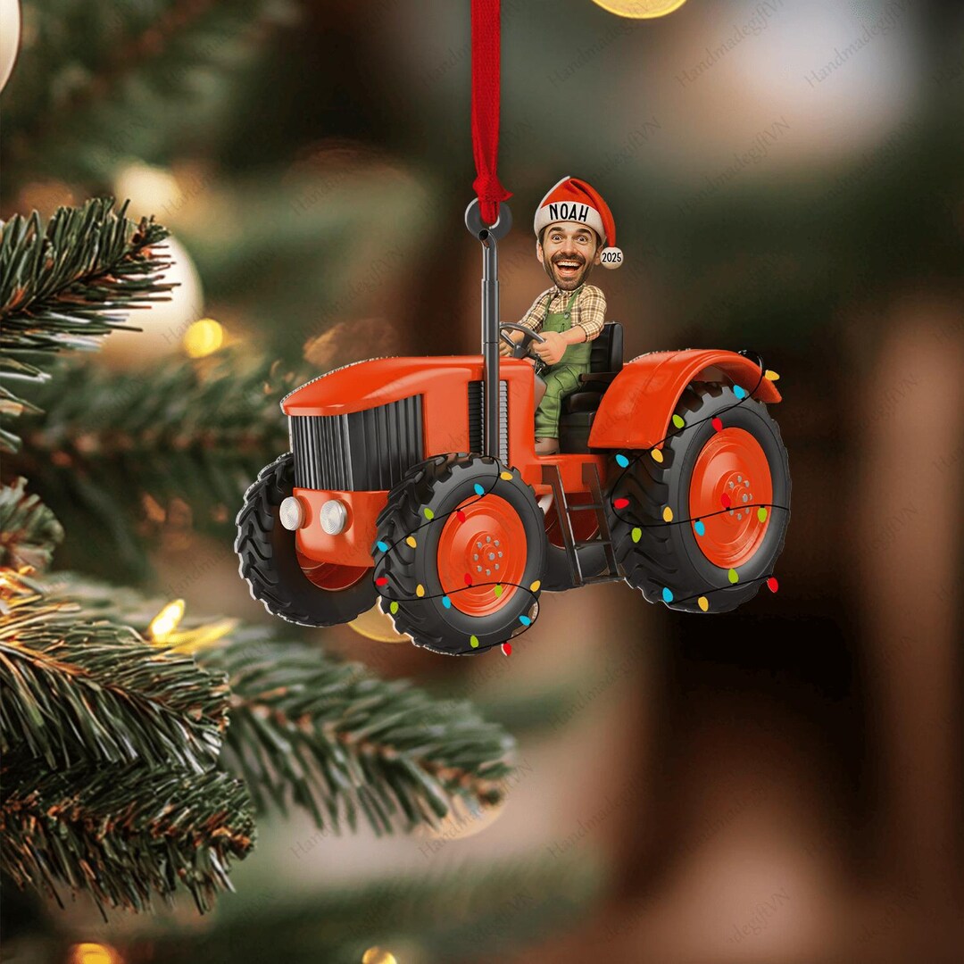 2D Custom Farmer Face Photo Ornament, Personalized Tractor Ornament ...