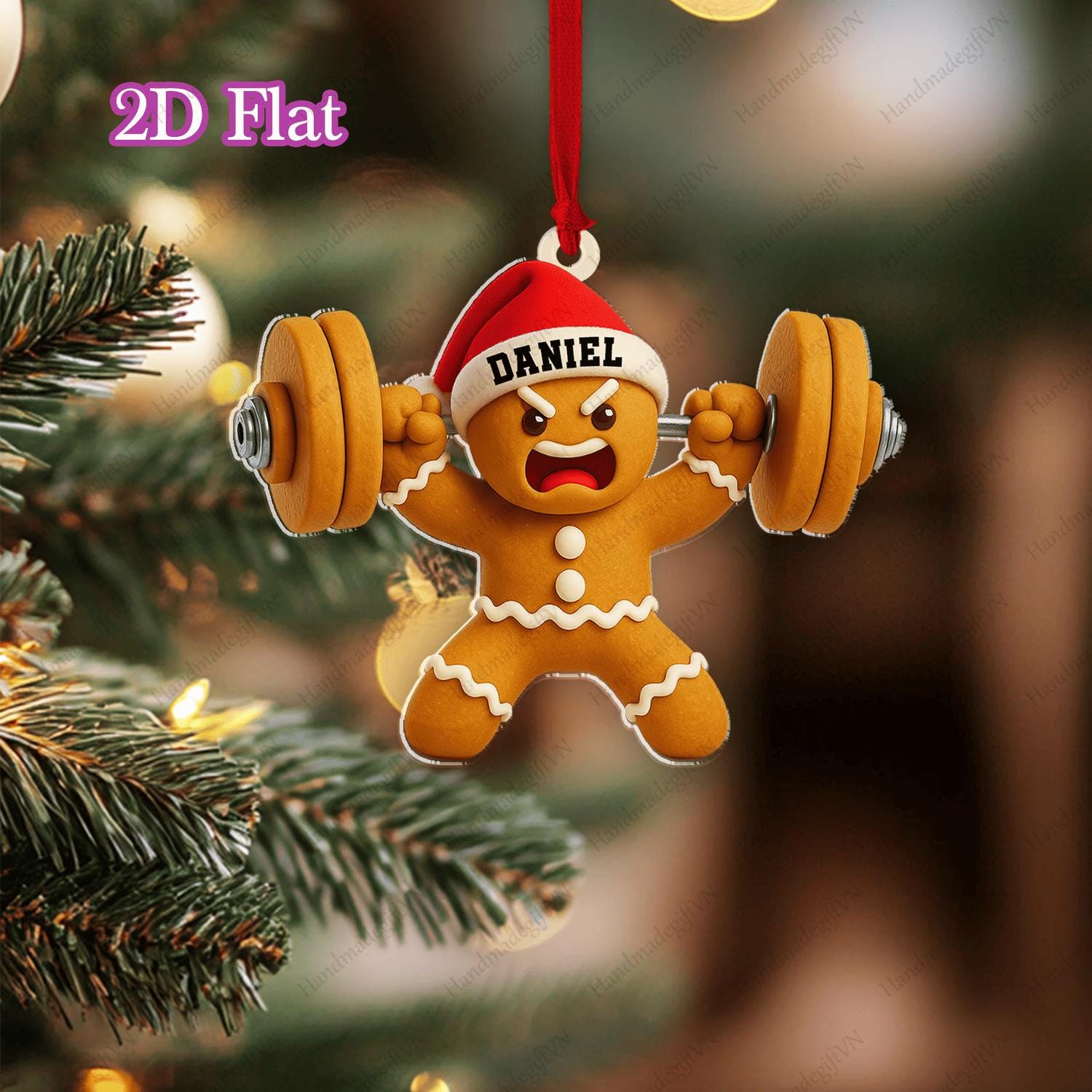 2D Personalized Gingerbread Weightlifting Ornament, Gym Christmas Gift ...