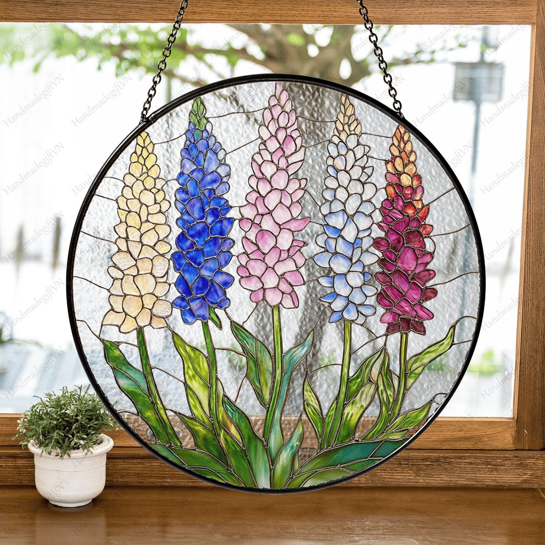 Lupine Glass Suncatcher, Lupine Flower Window Hanging Decor, Colorful ...