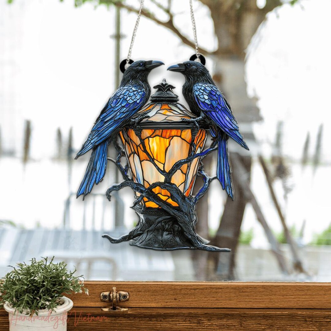Gothic Raven on Lantern Acrylic Suncatcher, Faux Stained Glass Double ...