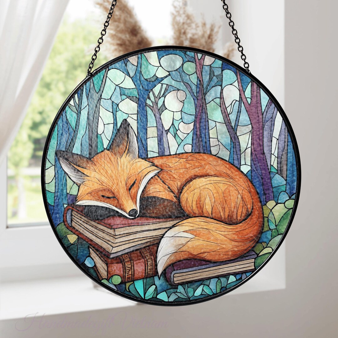 Stained Glass Fox Reading Book Suncatcher, Fox Book Decor, Bookish Gift ...