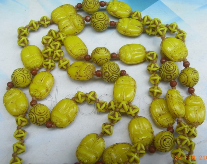 Art Deco Egyptian Revival Yellow Scarab Glass Beads Super Long Necklace ...