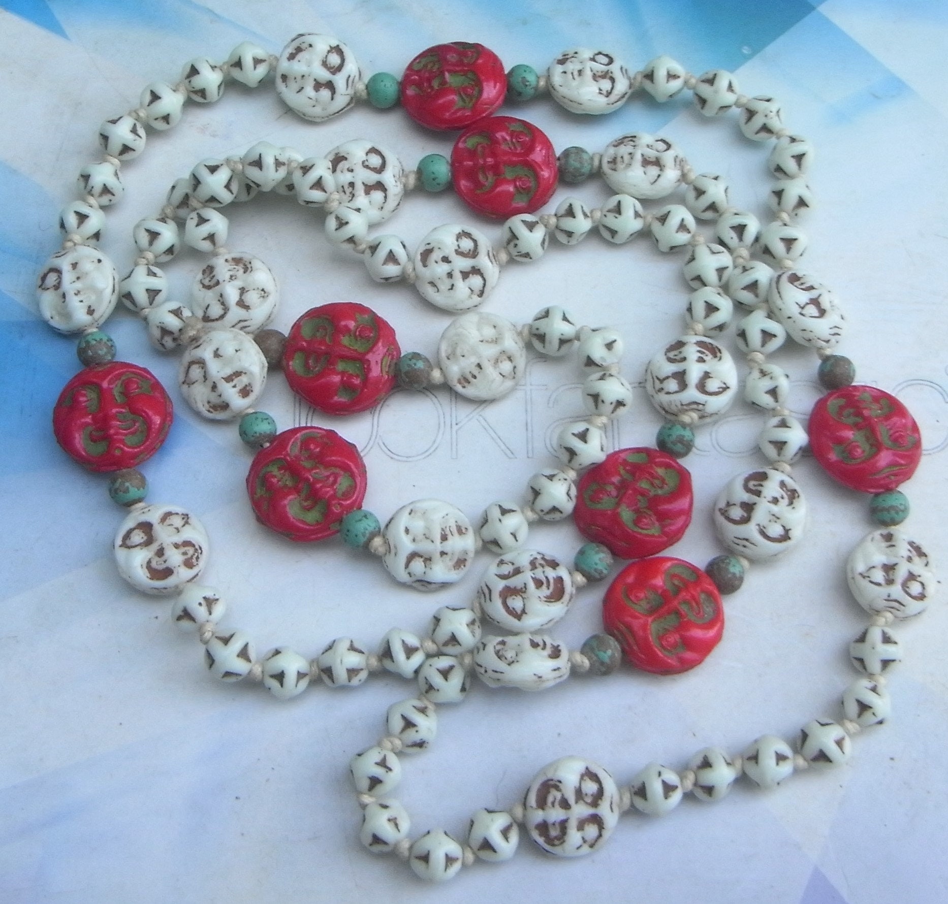 RARE! Art Deco Egyptian Revival Man in the Moon Glass Beads Necklace ...
