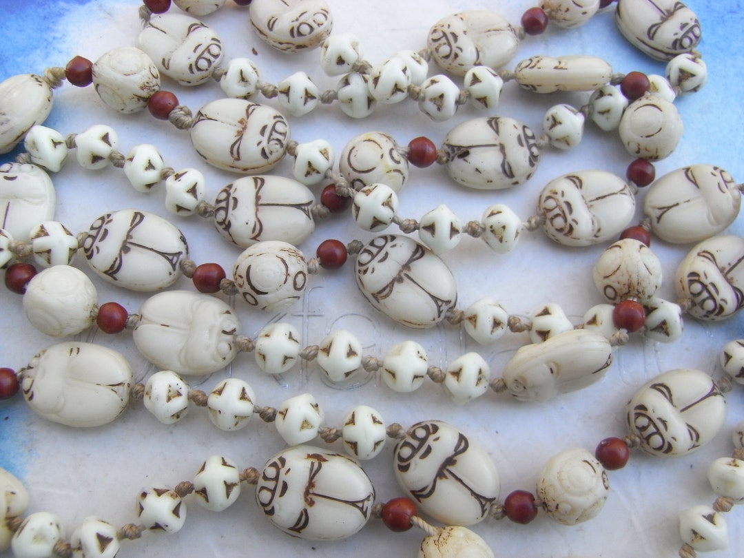 Art Deco Egyptian Revival UV Scarab Glass Beads Super Long Necklace ...