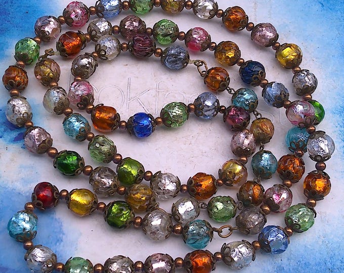 Art Deco Venetian Rainbow Foil Glass Beads Super Long Flapper Necklace ...