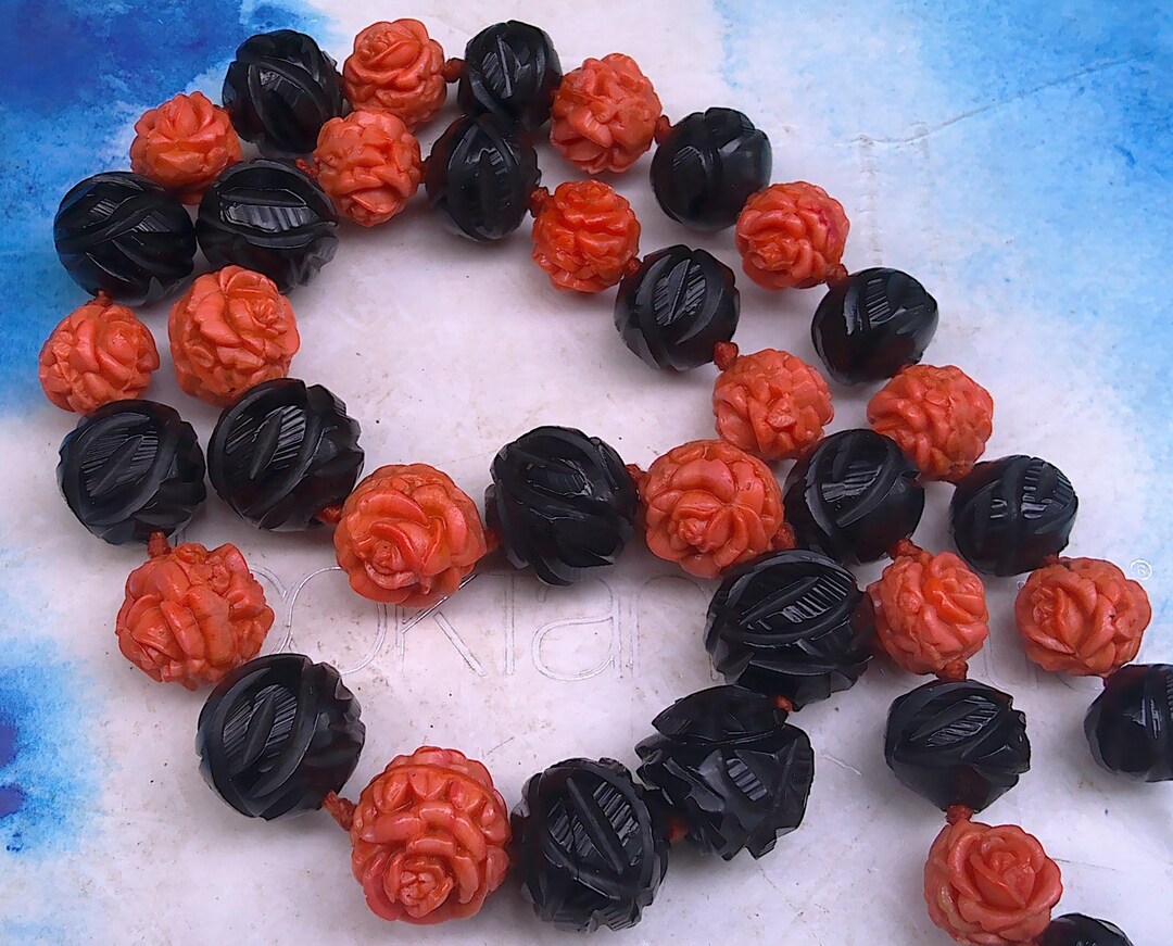 Victorian Whitby Jet Carved Leaf and Glass Coral Roses Beads Necklace ...