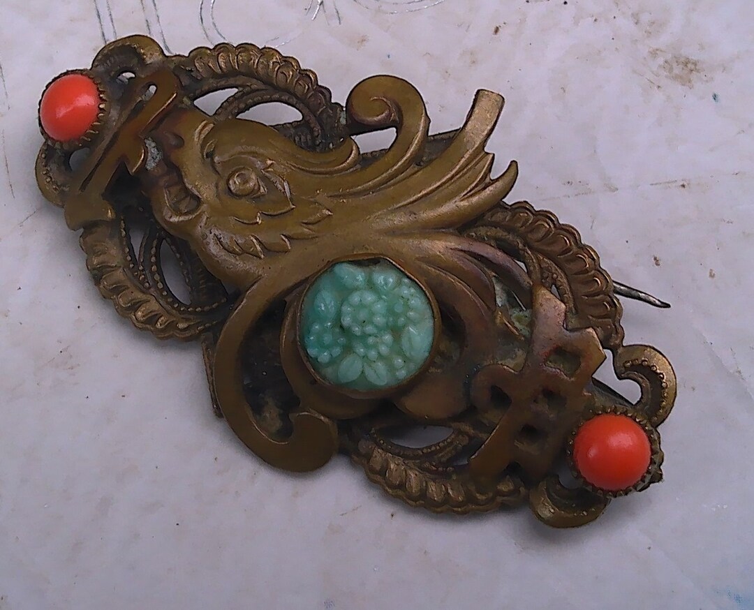 Art Deco Chinese Revival Neiger Brothers PHOENIX Brooch Glass Jadeite ...