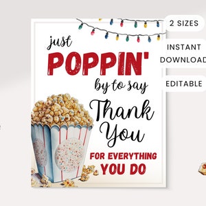 Popcorn Appreciation Card, Printable Just Poppin by to Say Thank You ...