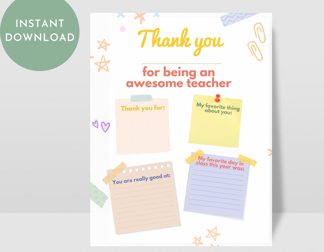 Teacher Appreciation Printable, Teacher Thank You Card, End of Year ...