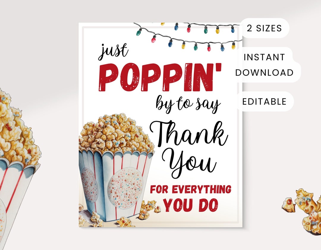 Popcorn Appreciation Card, Printable Just Poppin by to Say Thank You ...