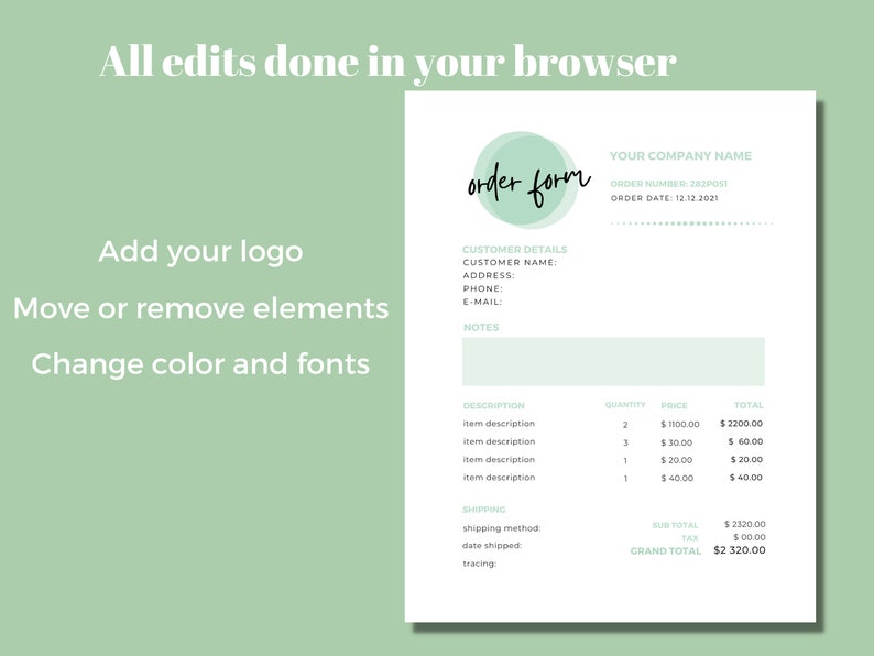Sage order form template editable green digital download | Etsy