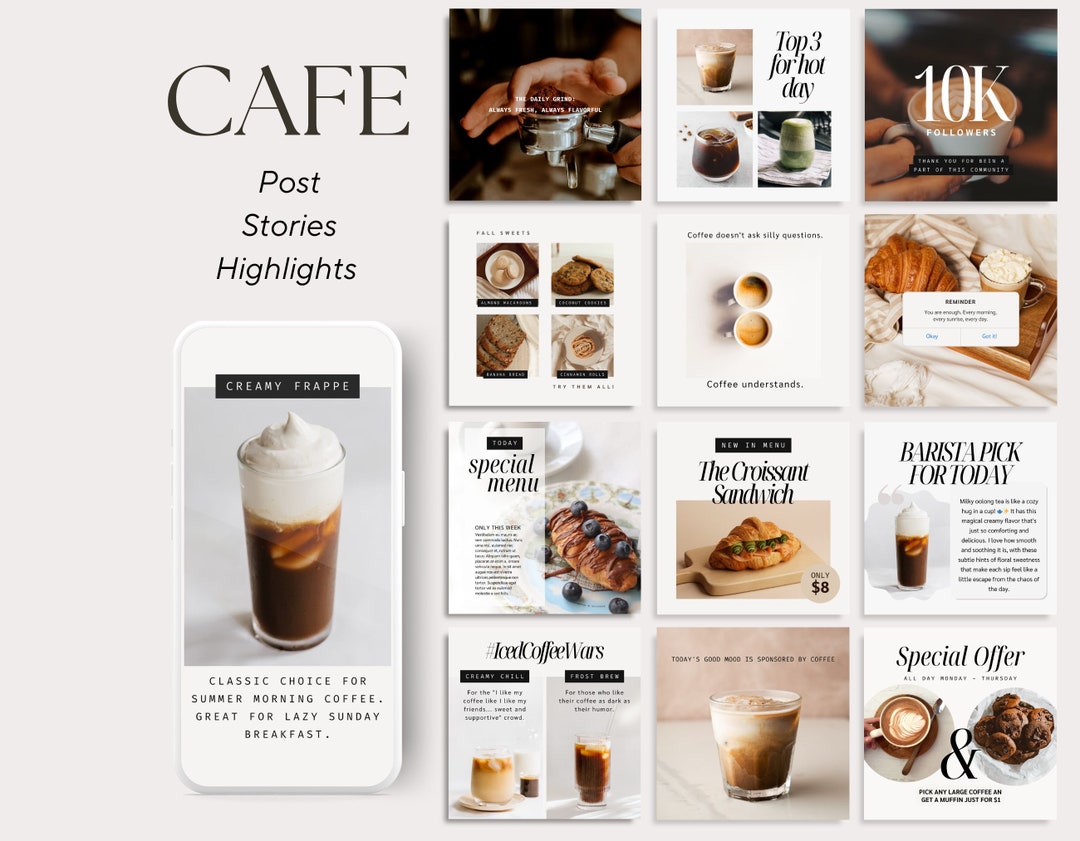 Cafe Instagram Post & Stories Template Bundle, Editable Coffee Shop ...