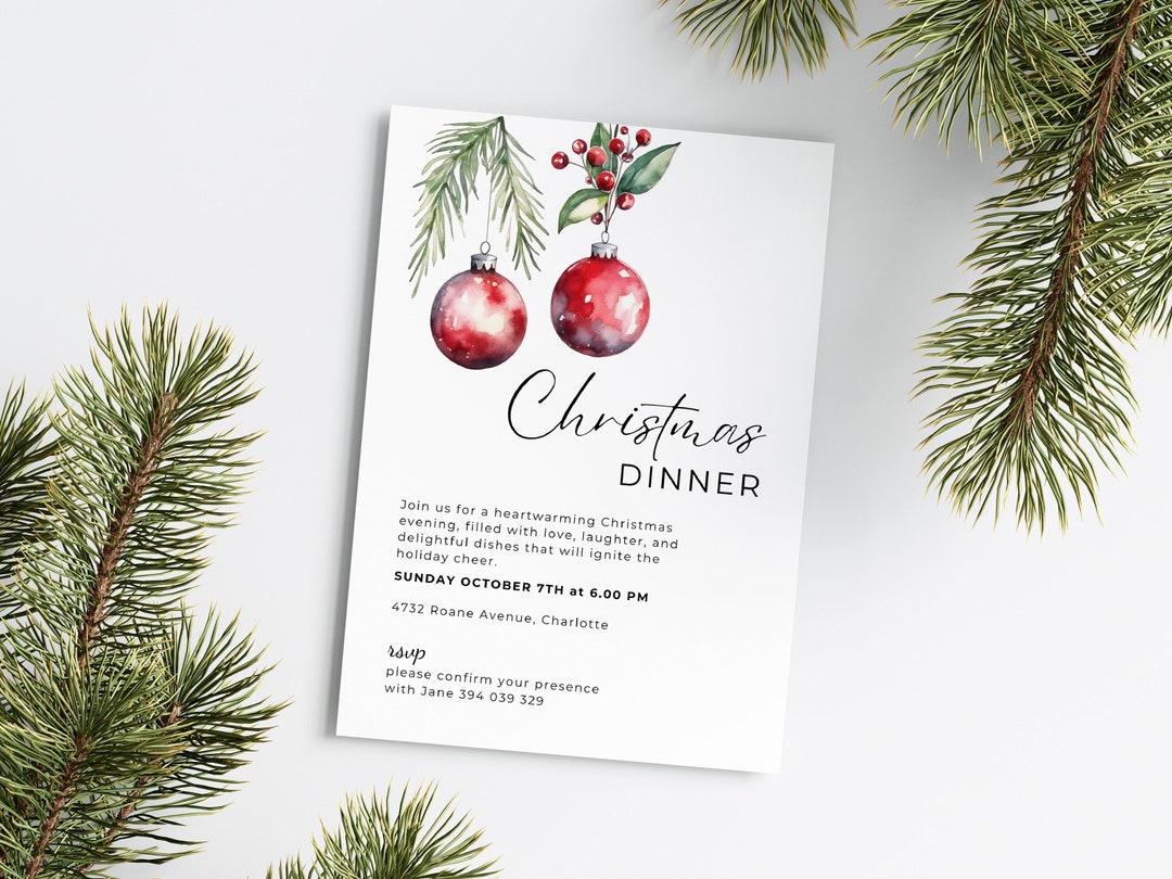 Minimalistic Christmas Dinner Invitation Template, Holiday Dinner Party ...