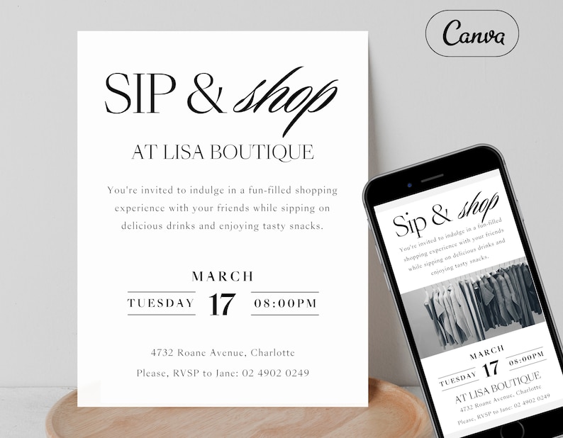 Sip and Shop Event Invite Canva Editable Template Editable - Etsy