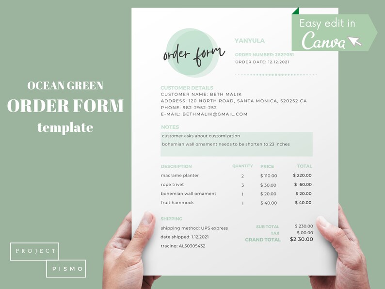 Sage order form template editable green digital download | Etsy