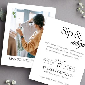 Sip and Shop Invitation Canva Template, Business Sale Event, Shopping ...