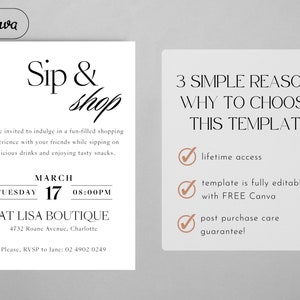 Sip and Shop Invitation Canva Template, Business Sale Event, Shopping ...