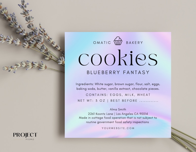 Bakery Label Template: Unicorn Holographic Cookie Care & Thank You Note ...