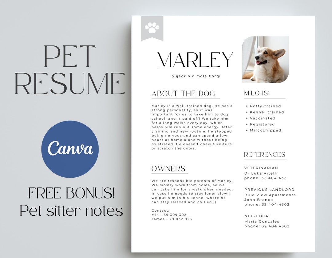 Editable Dog Resume, Pet Bio Cv, Renting Dog Profile, Foster Cat Bio ...