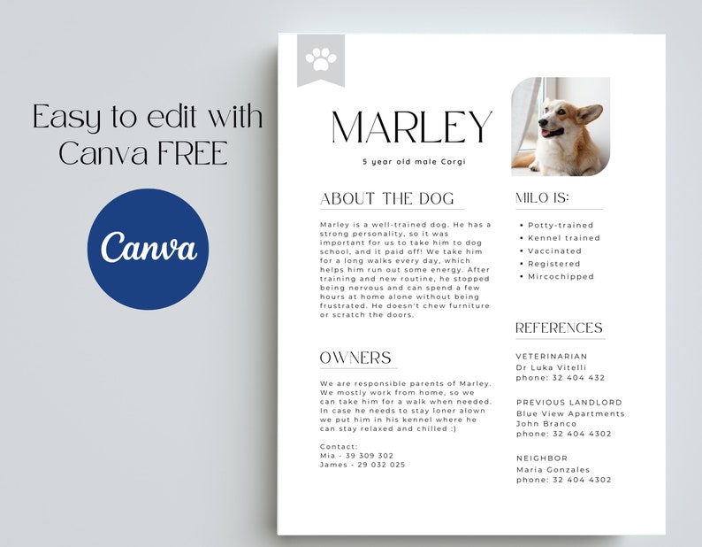 Editable Dog Resume, Pet Bio Cv, Renting Dog Profile, Foster Cat Bio ...